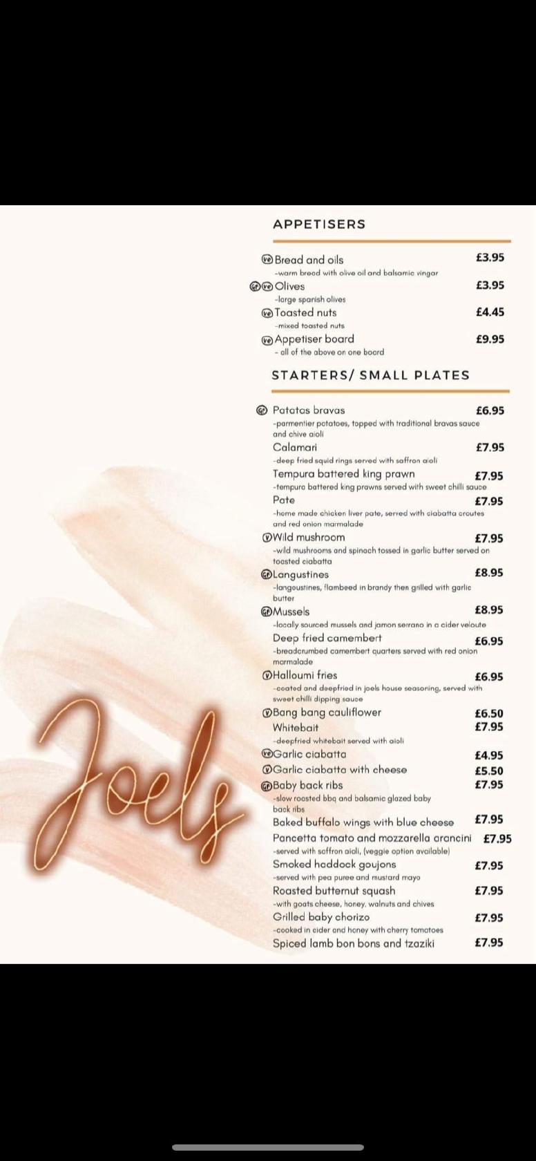 Menu at Joels Restaurant, Blackpool, 4 Bispham Rd