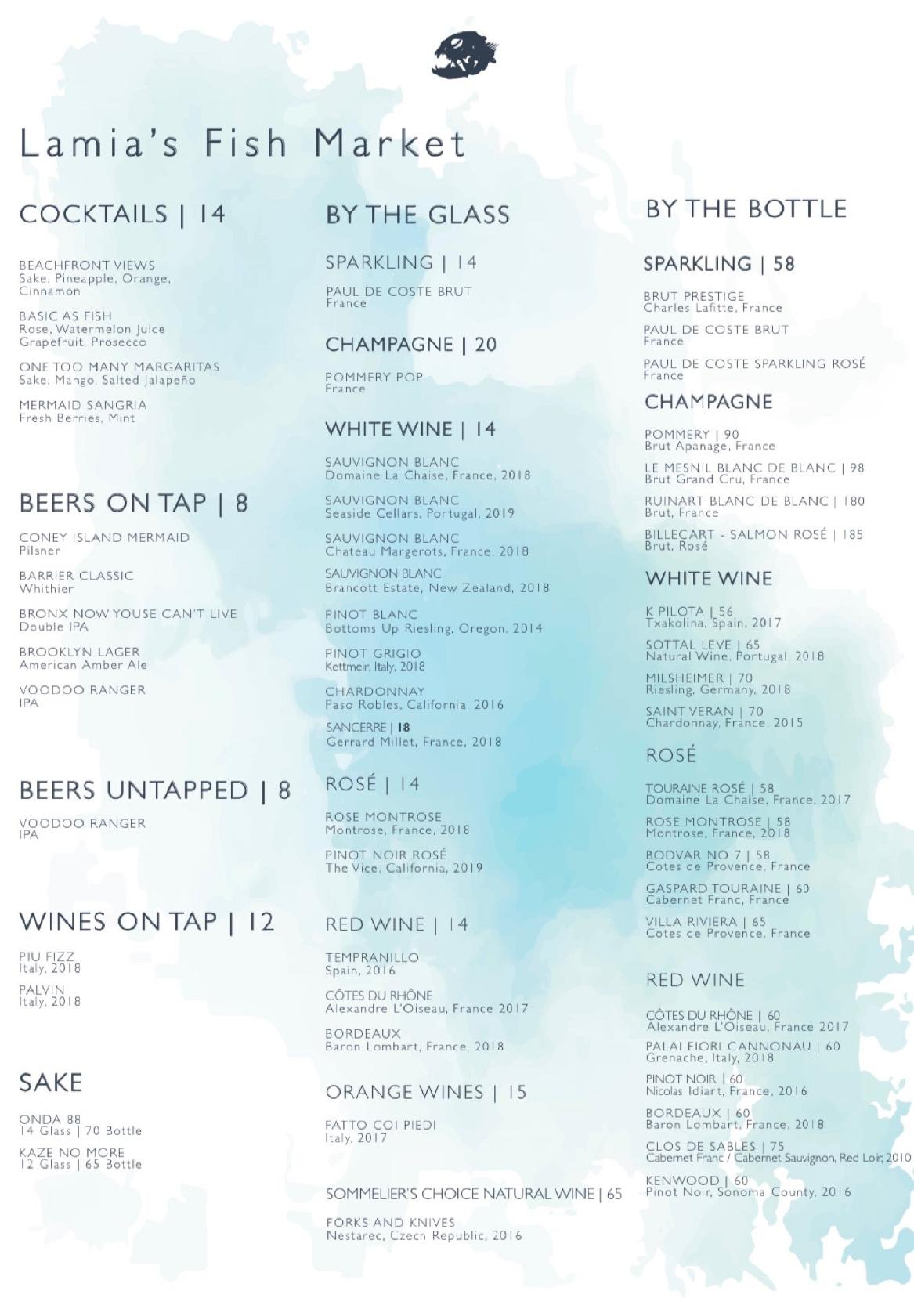 Menu at Lamia's Fish Market steakhouse, New York City