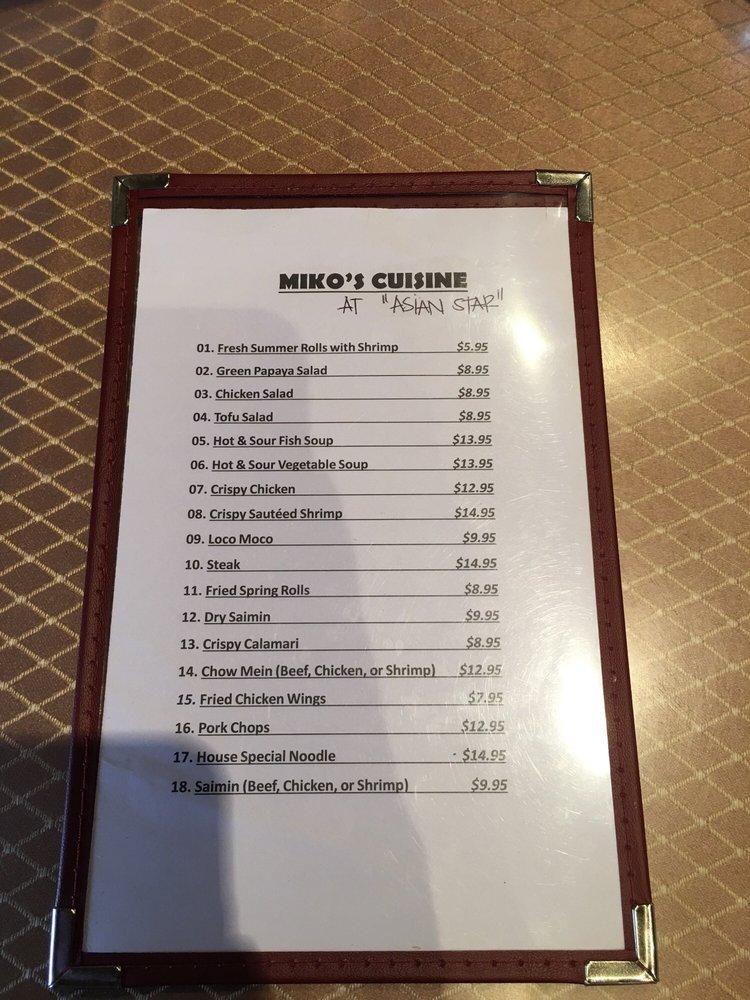 Menu at Miko’s Cuisine restaurant, Wailuku