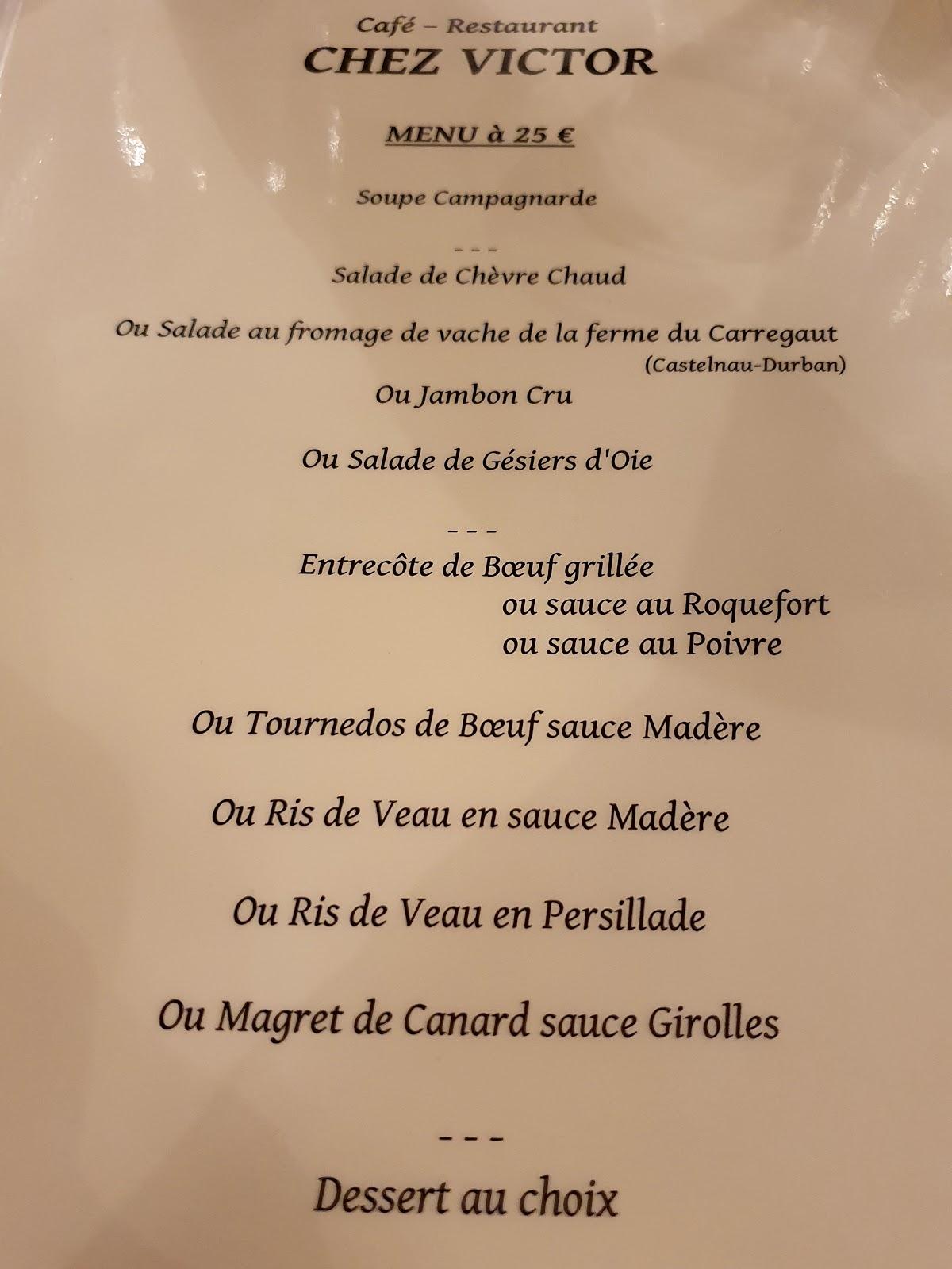 Menu au Restaurant Chez Victor, Castelnau-Durban