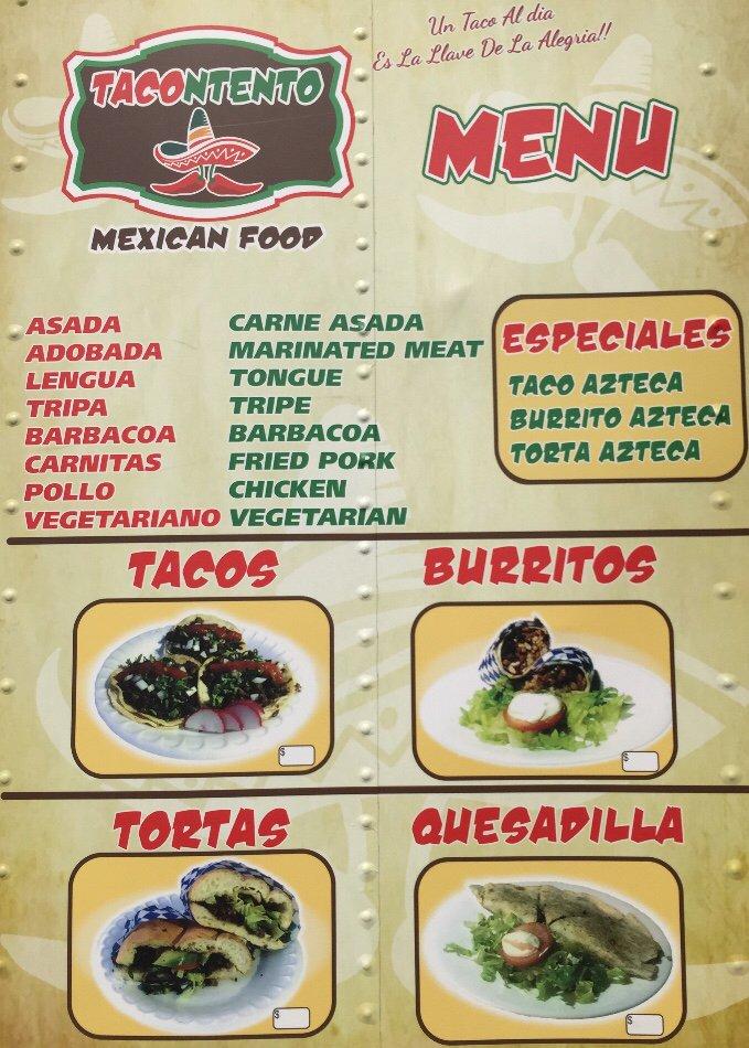Menu at Tacontento restaurant, Hillsboro