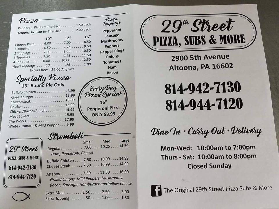 Menu at 29th St Pizza Subs & More pizzeria, Altoona