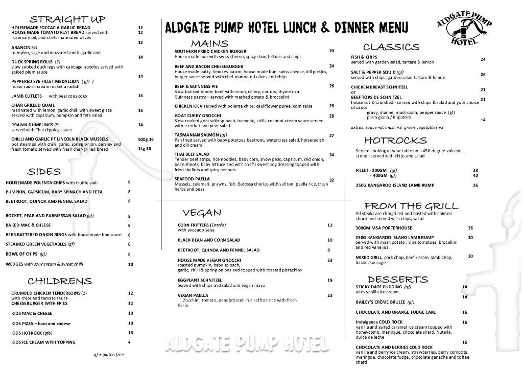 Menu at Aldgate Pump Hotel restaurant, Aldgate