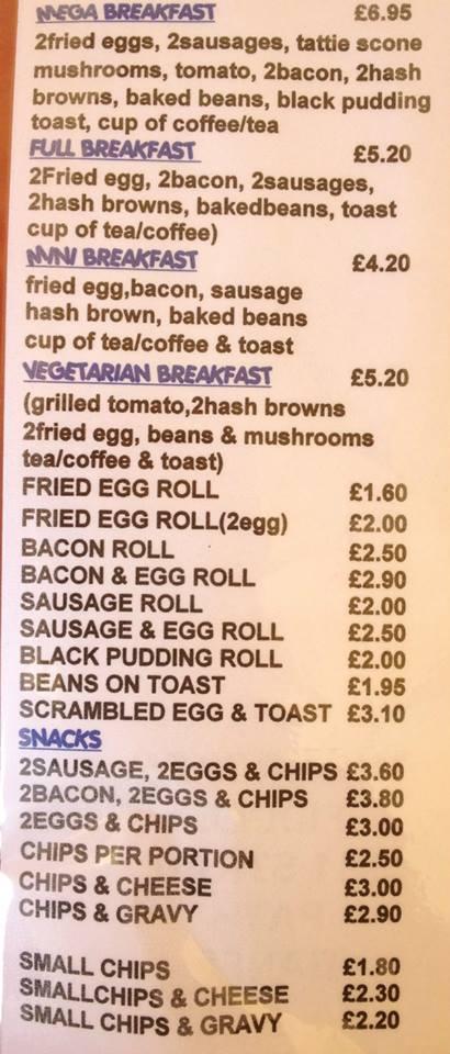Menu at The Broken Fiddle cafe, Banff