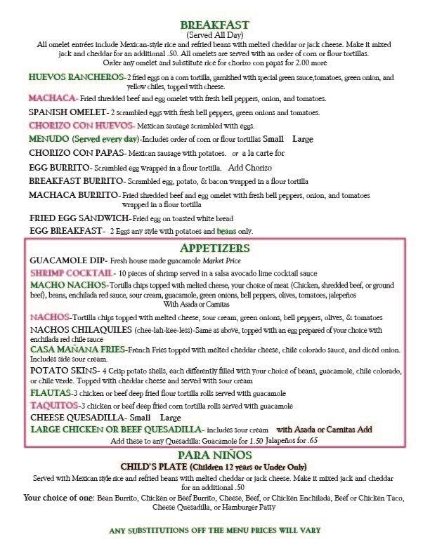 Menu at Casa Mañana Mexican Restaurant Santa Maria, Santa Maria, S Broadway