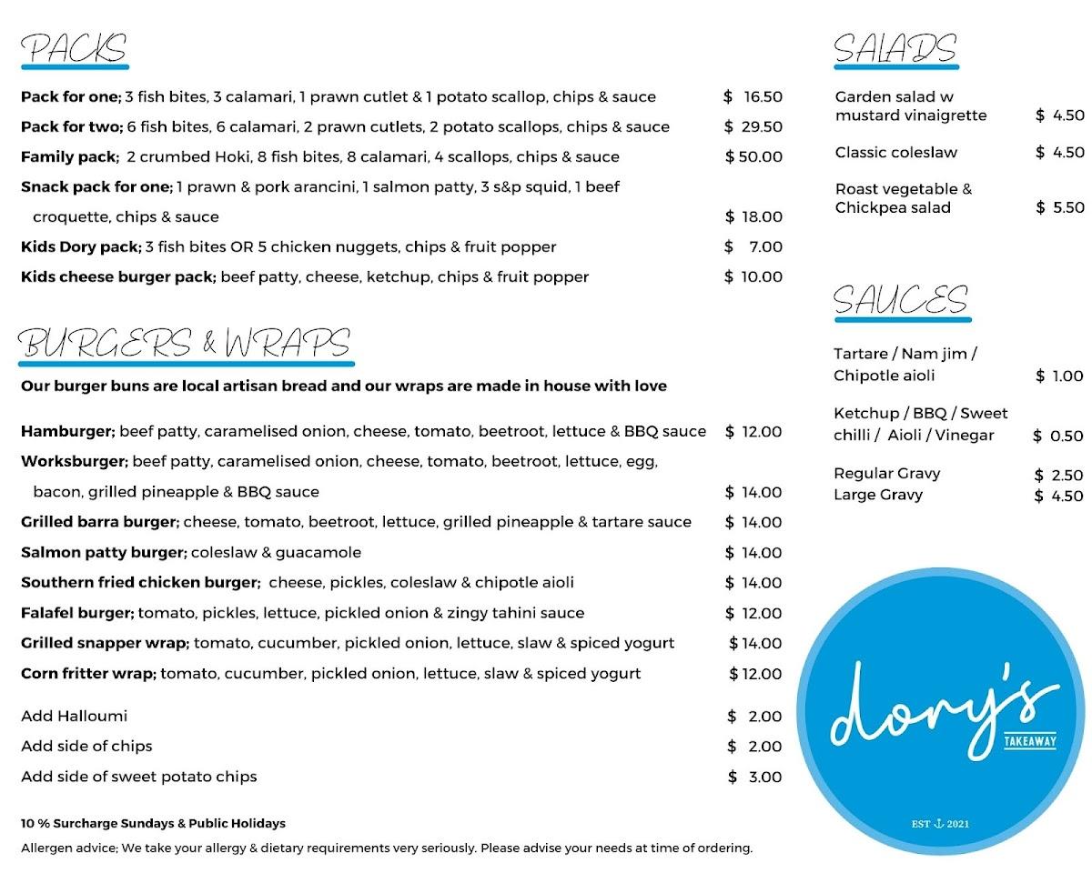 Menu at Dory's Takeaway restaurant, Ballina
