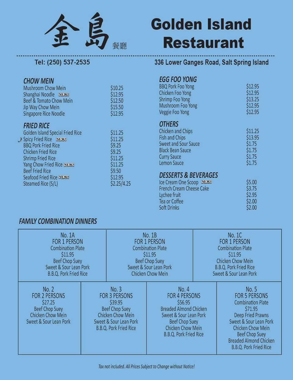 Menu at Golden Island Restaurant, Canada