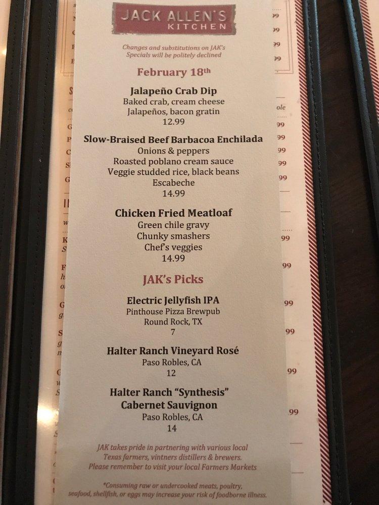 Menu at Jack Allen's Kitchen restaurant, Round Rock, Hoppe Trail