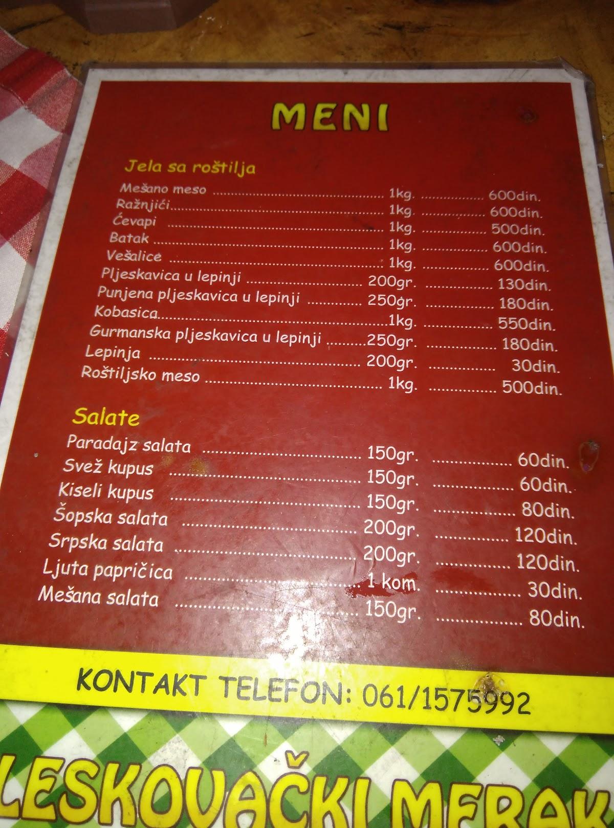 Menu at Leskovacki Merak restaurant, Bela Stena