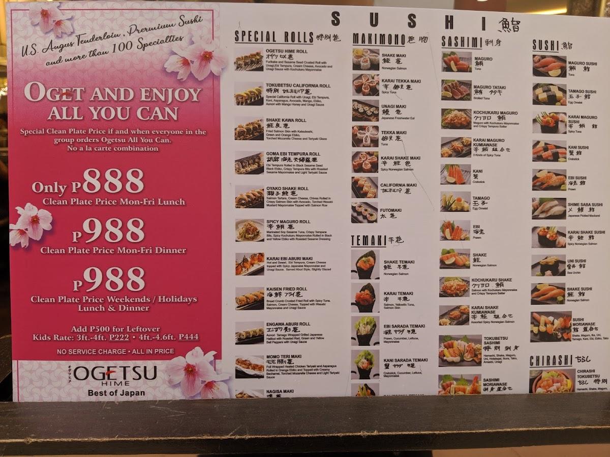 Menu at Ogetsu Hime restaurant, Mandaluyong