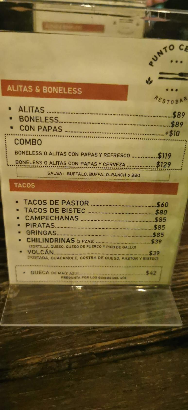 Carta de Punto Centro RestoBar, Saltillo