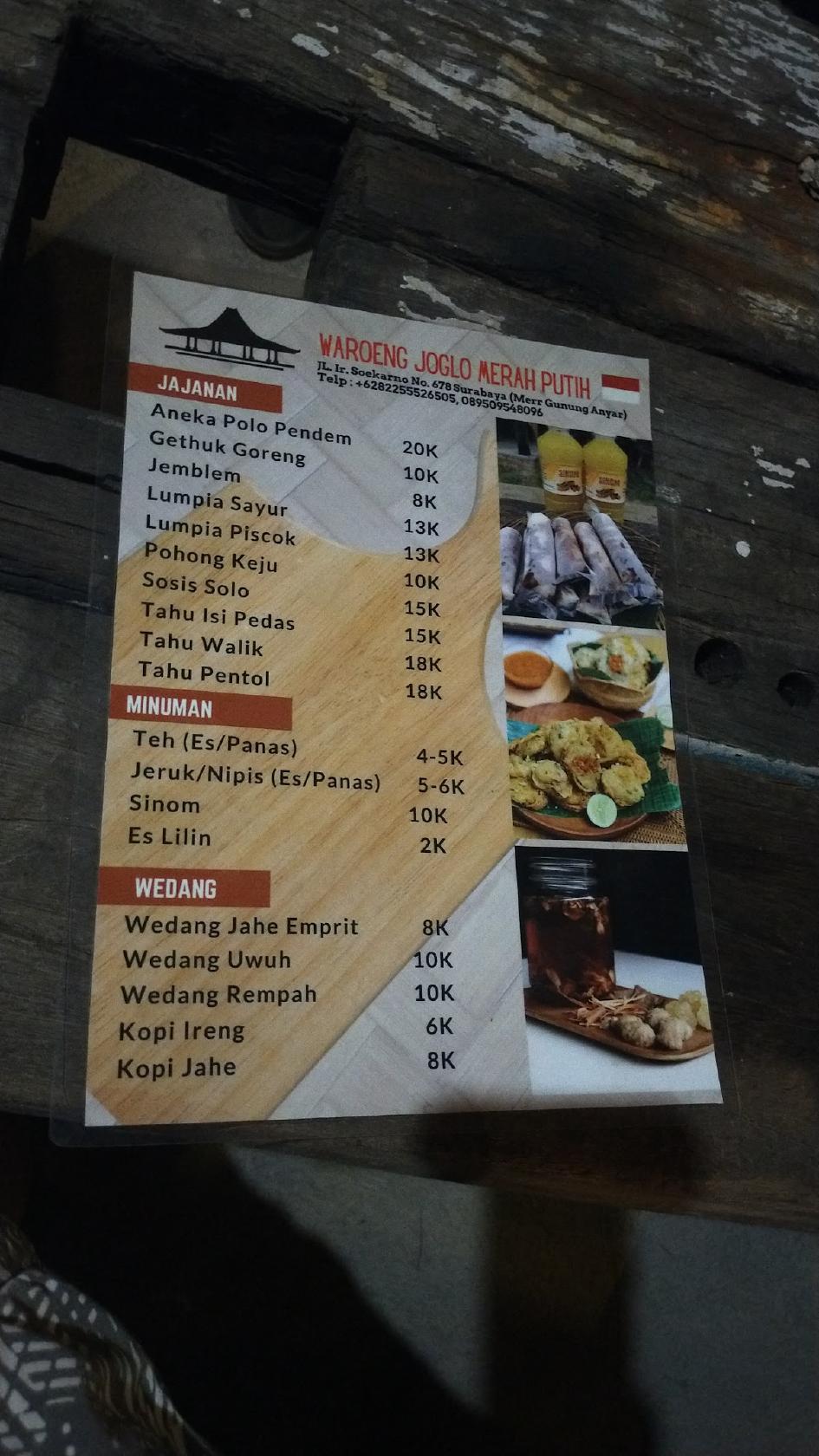 Menu at Waroeng Joglo Merah Putih restaurant, Surabaya