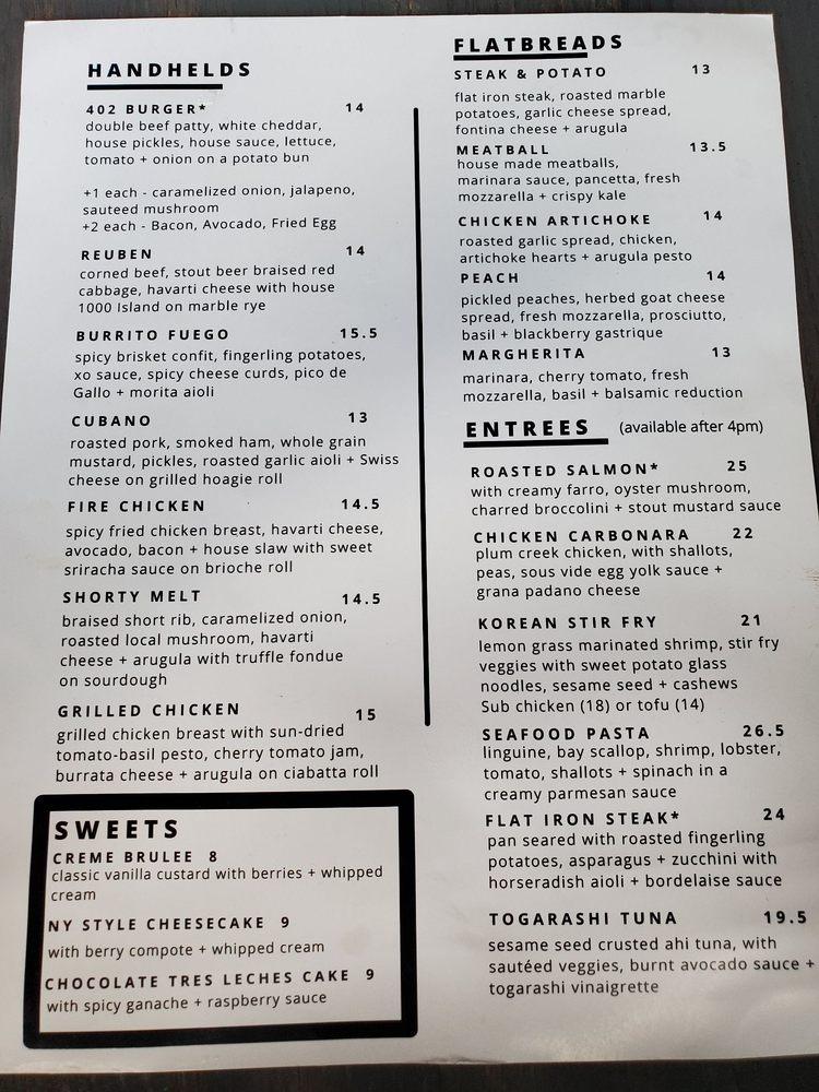Menu at 402 Eat + Drink pub & bar, Omaha