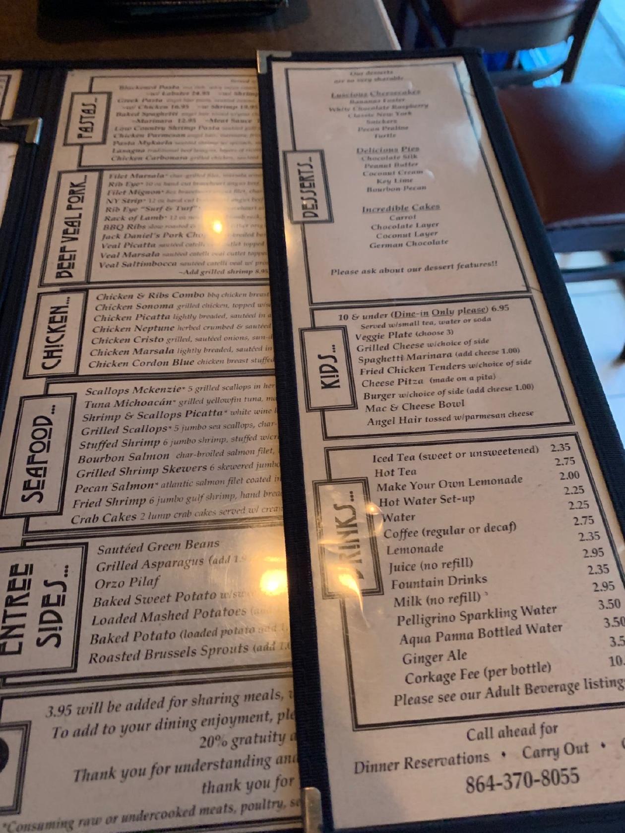 Menu at Adams Bistro steakhouse, Greenville