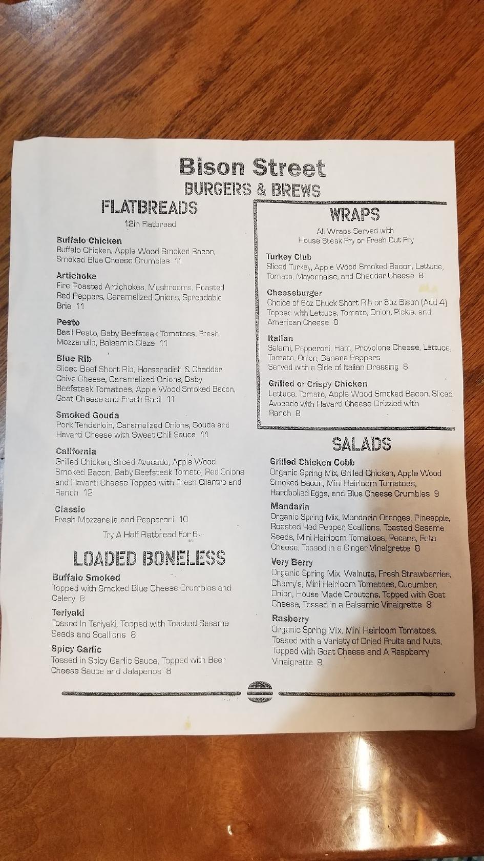 Menu at Bison Street Burgers & Brews pizzeria, Massillon