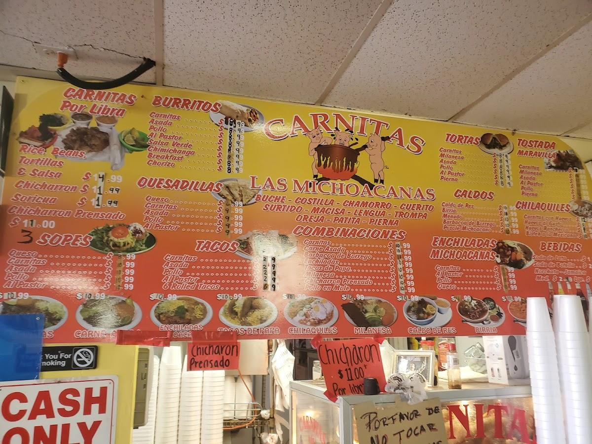 Menu at Carnitas Las Michoacanas restaurant, San Diego, University Ave