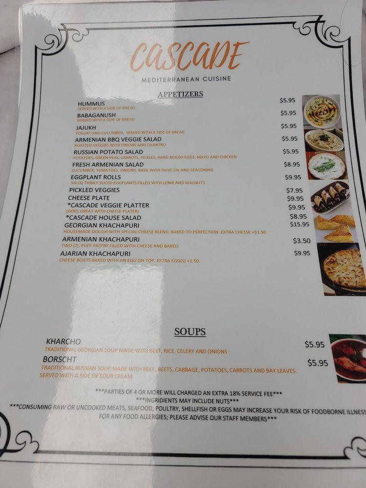 Menu at Cascade Mediterranean Cuisine restaurant, Las Vegas