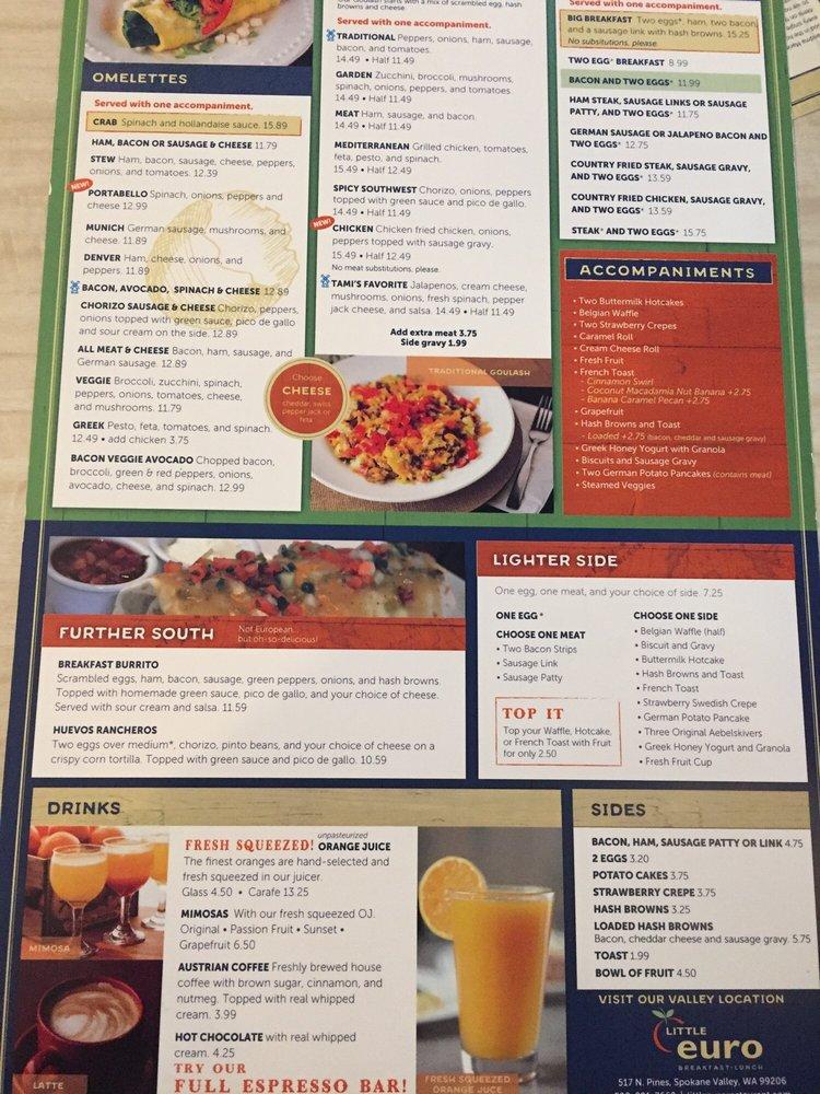Menu at Old European restaurant, Spokane