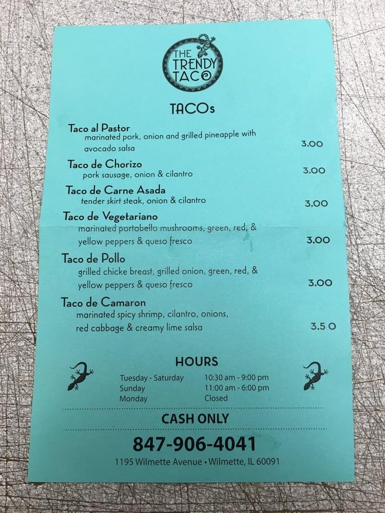 Menu at Trendy Taco restaurant, Wilmette