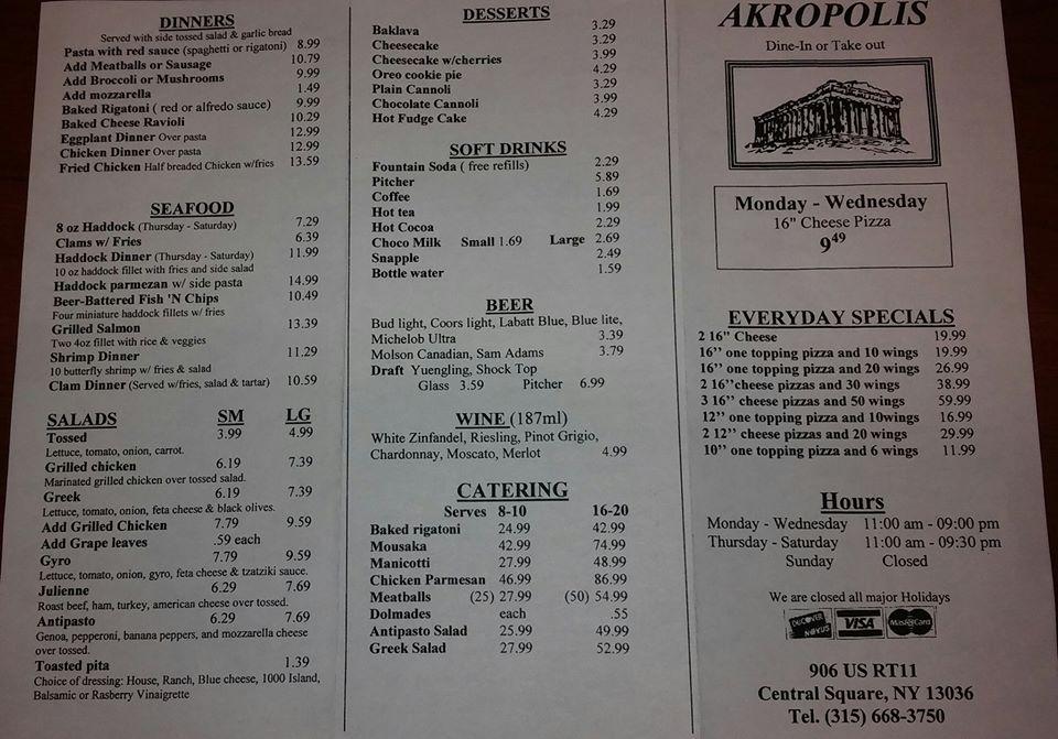 Menu at Akropolis pizzeria, Central Square