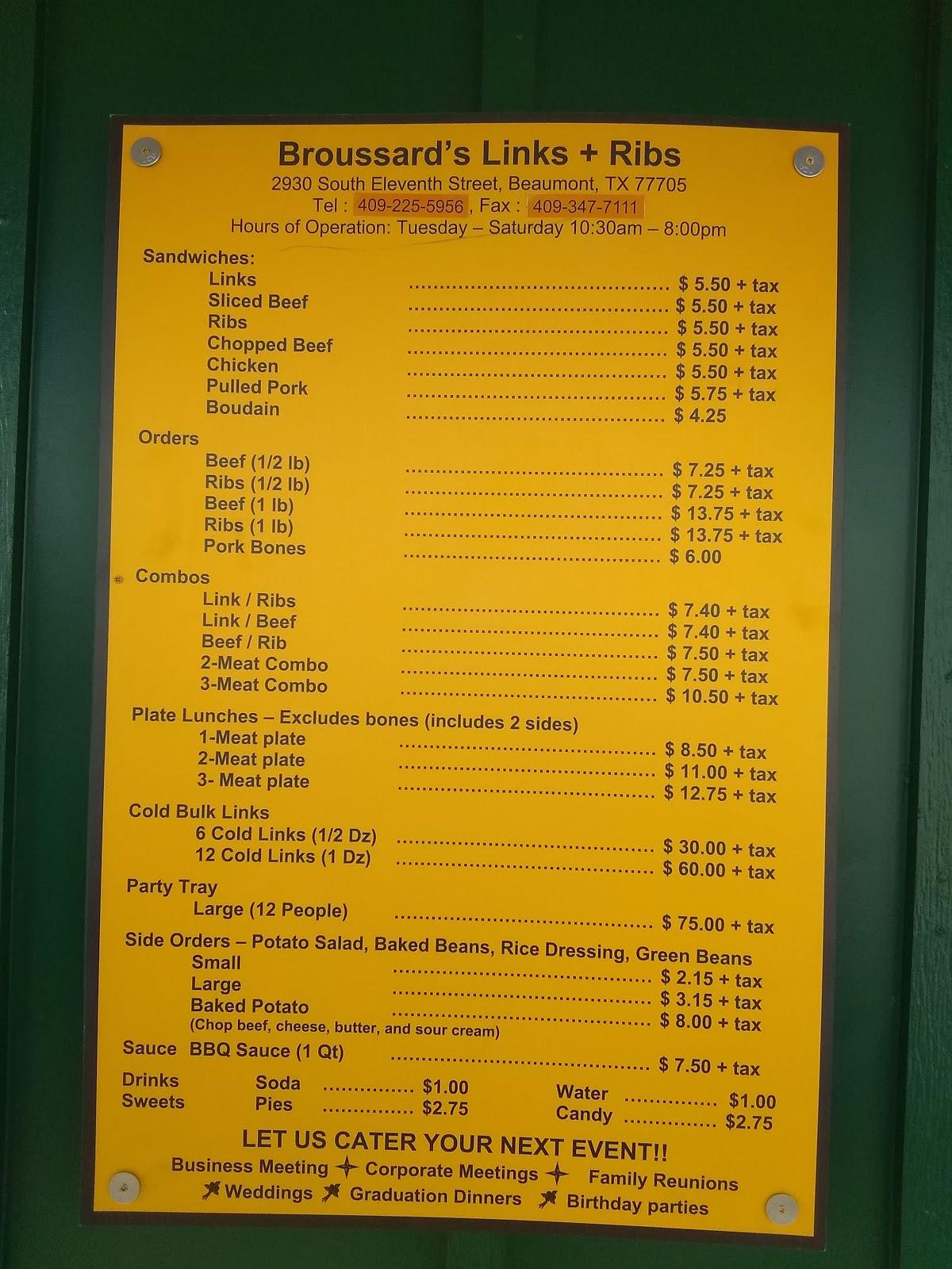 Menu at Broussard's Barbecue, Beaumont