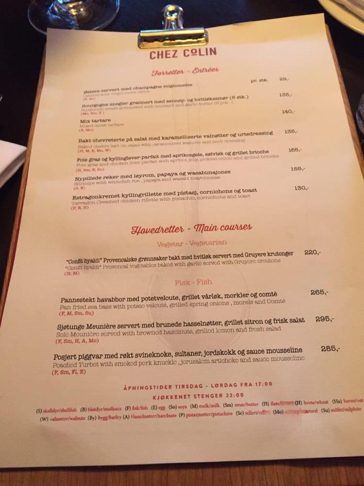 Menu at Chez Colin restaurant, Oslo