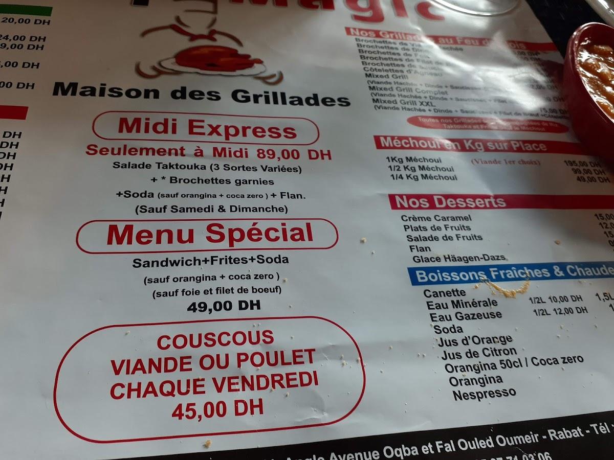 Menu au Coq Magic Hay Riad restaurant, Rabat