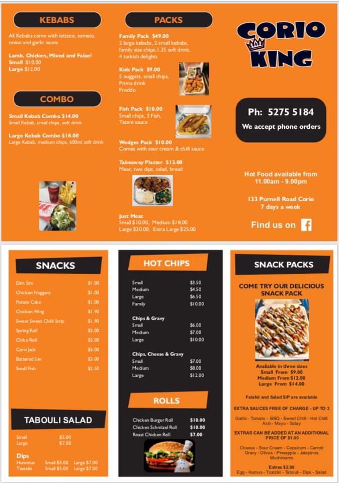 Menu at Corio King fast food, Corio