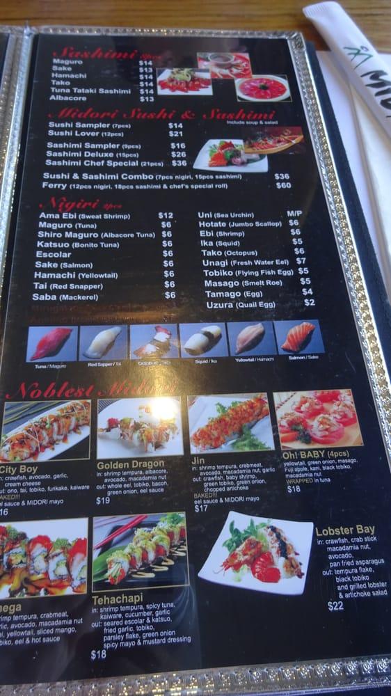 Menu at Midori Sushi restaurant, Tehachapi