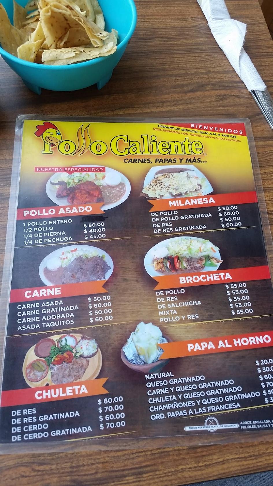 Carta del restaurante Pollo Caliente, Acapulco, Plaza Navegantes