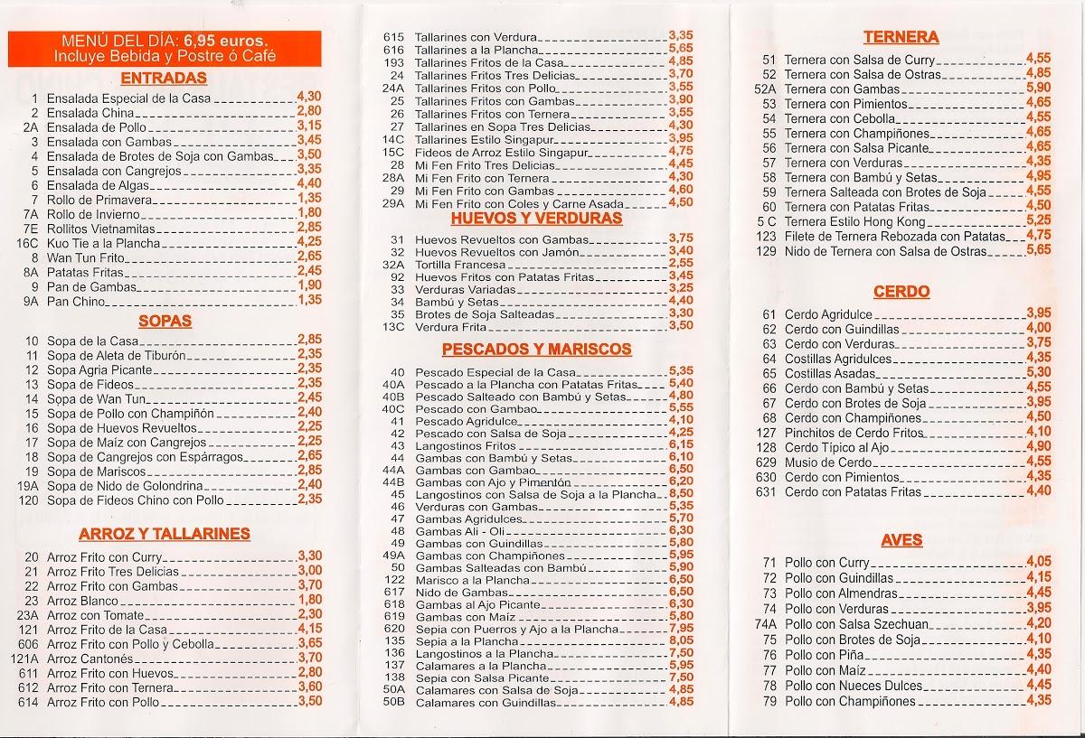 Carta de Restaurante Chino Pekin, Almendralejo