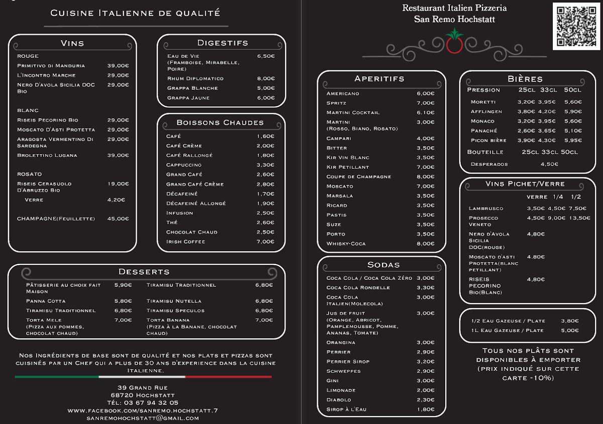 Menu at San Remo Hochstatt restaurant, Hochstatt