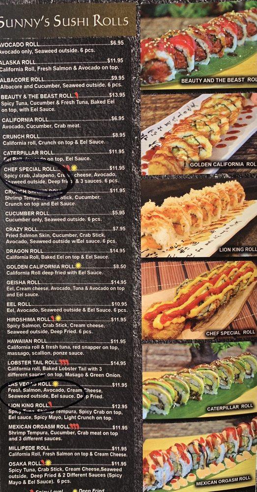 Menu at Sunny's Sushi restaurant, Horizon City