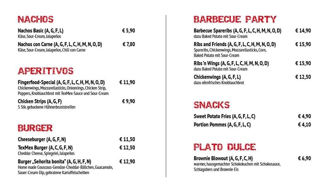 Menu at Tex-Mex Restaurant, Steyr