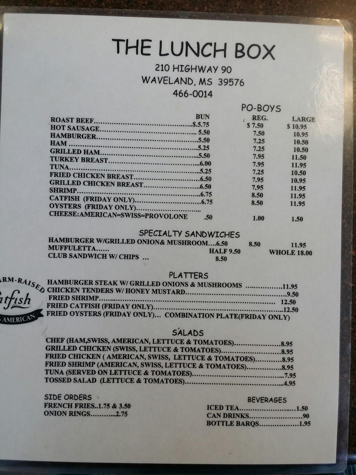 Menu at The Lunch Box fast food, Waveland, 210 US-90