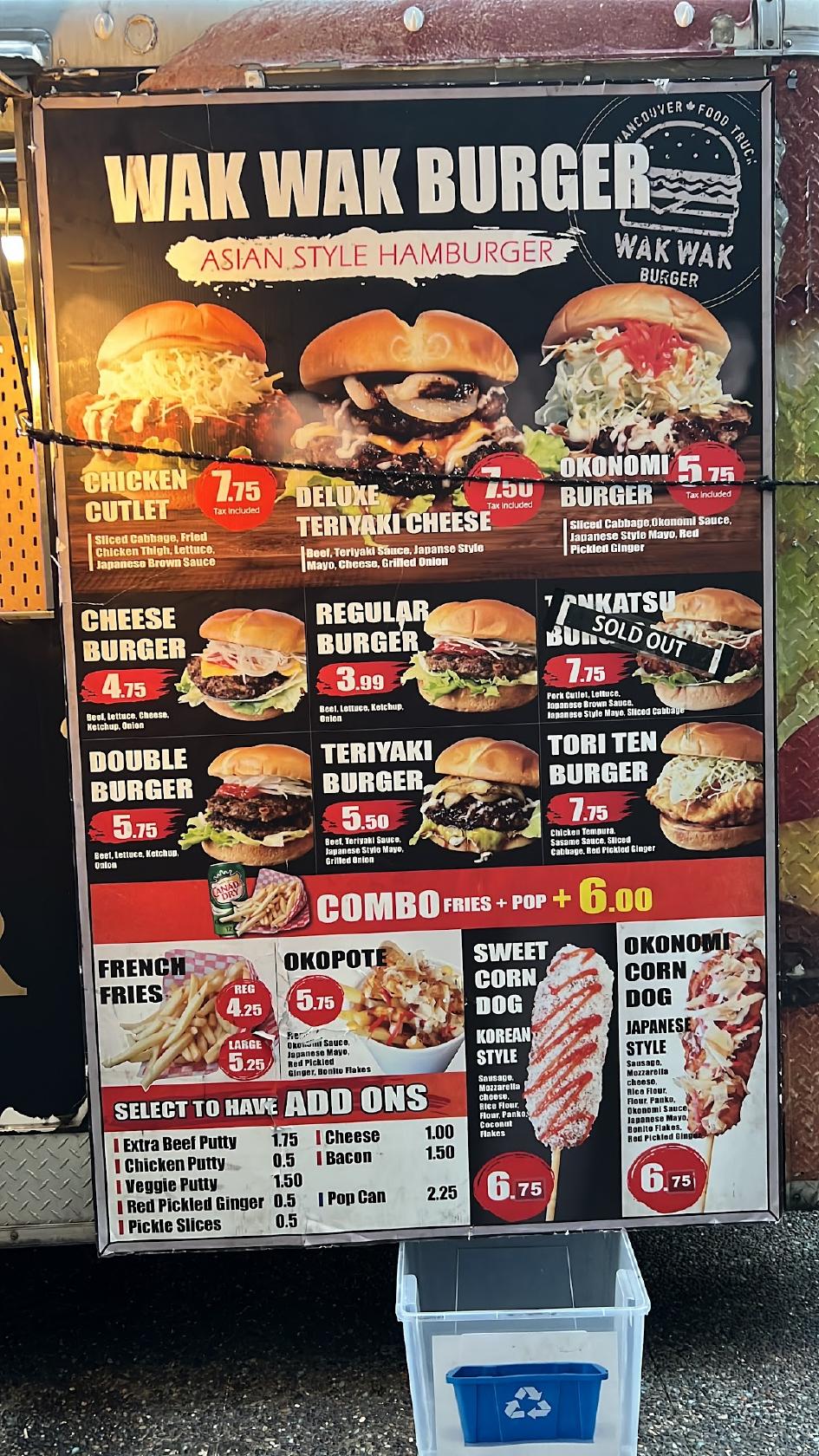 Menu at Wakwak Burger restaurant, Vancouver, 511 Granville St