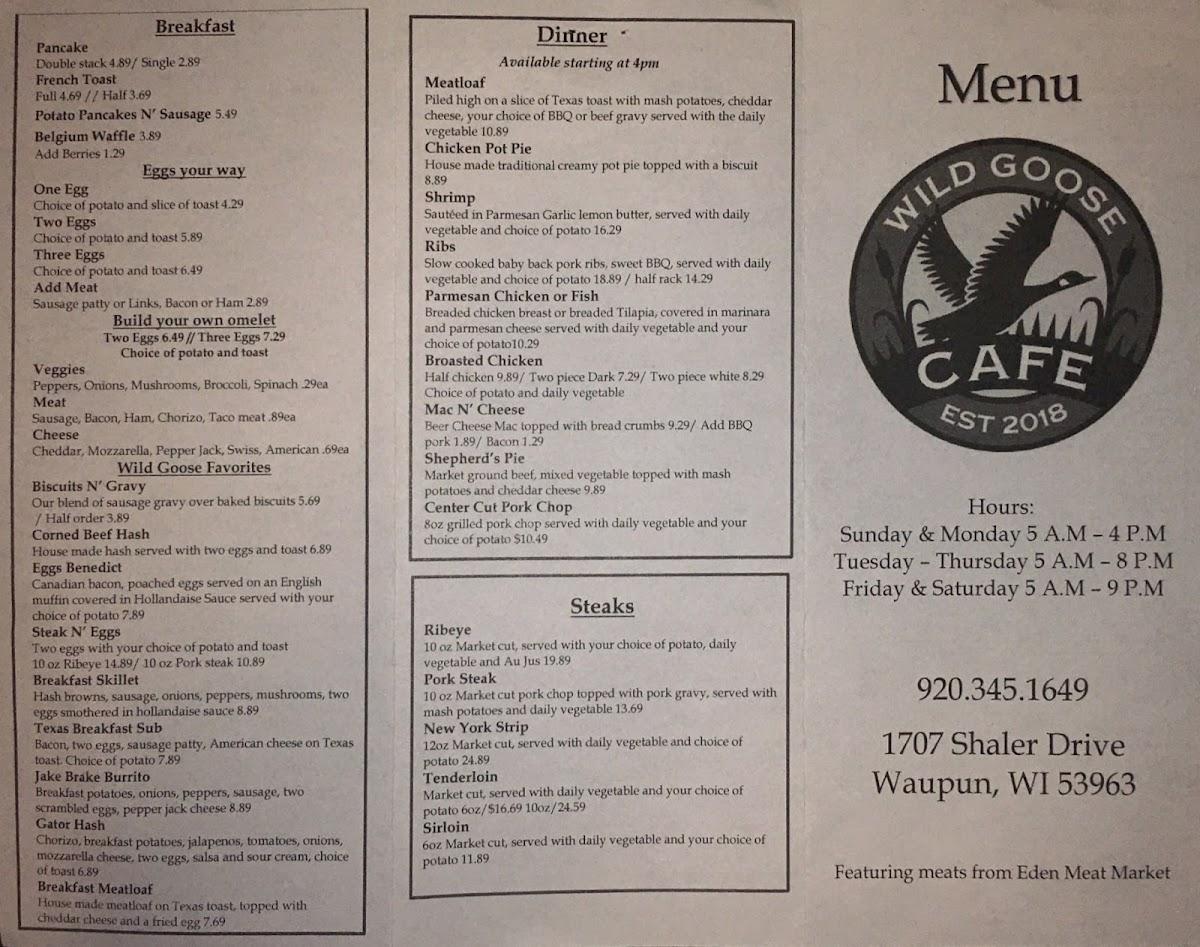 Menu at Wild Goose Cafe, Waupun