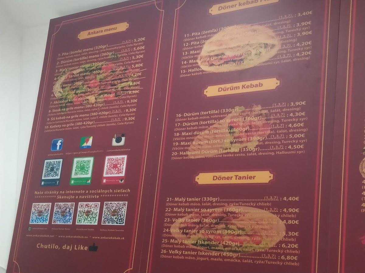 Menu at Ankara Kebab restaurant, Levice