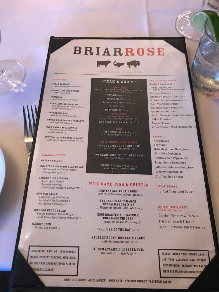 Menu at Briar Rose Chophouse & Saloon steakhouse, Breckenridge