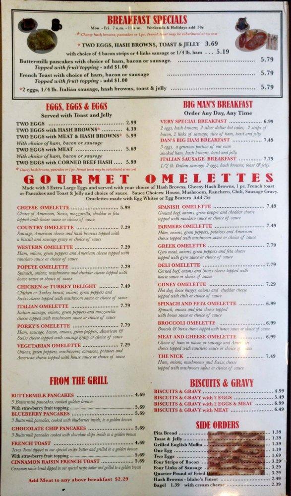 Menu at Dan's Diner restaurant, Warren