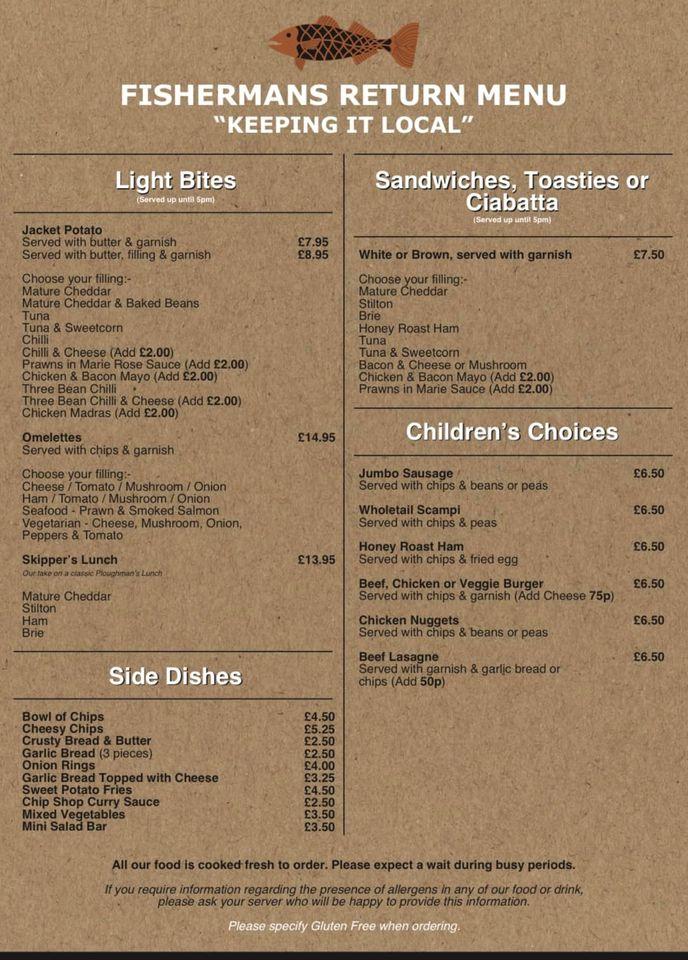 Menu at Fishermans Return pub & bar, Ormesby Saint Margaret