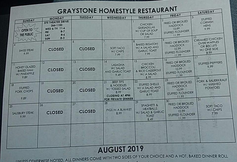 Menu at Graystone Homestyle Restaurant, Johnstown