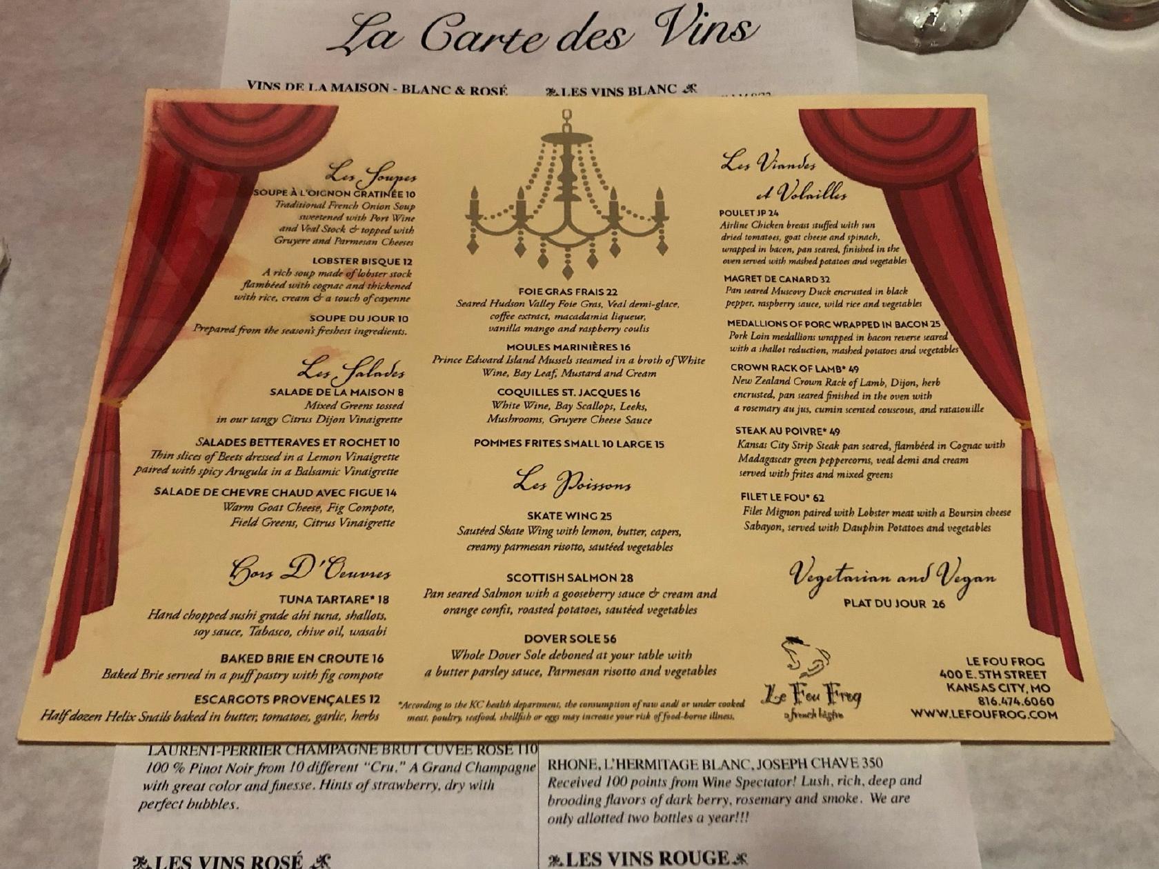 Menu at Le Fou Frog pub & bar, Kansas City