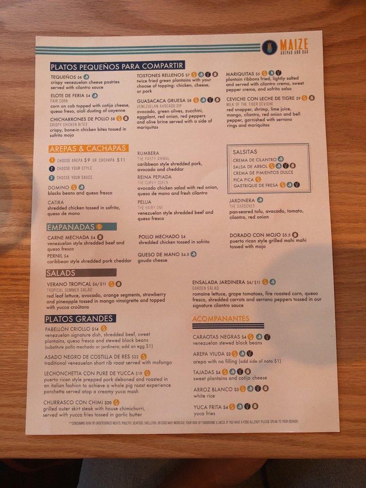 Menu at MAIZE pub & bar, Cincinnati