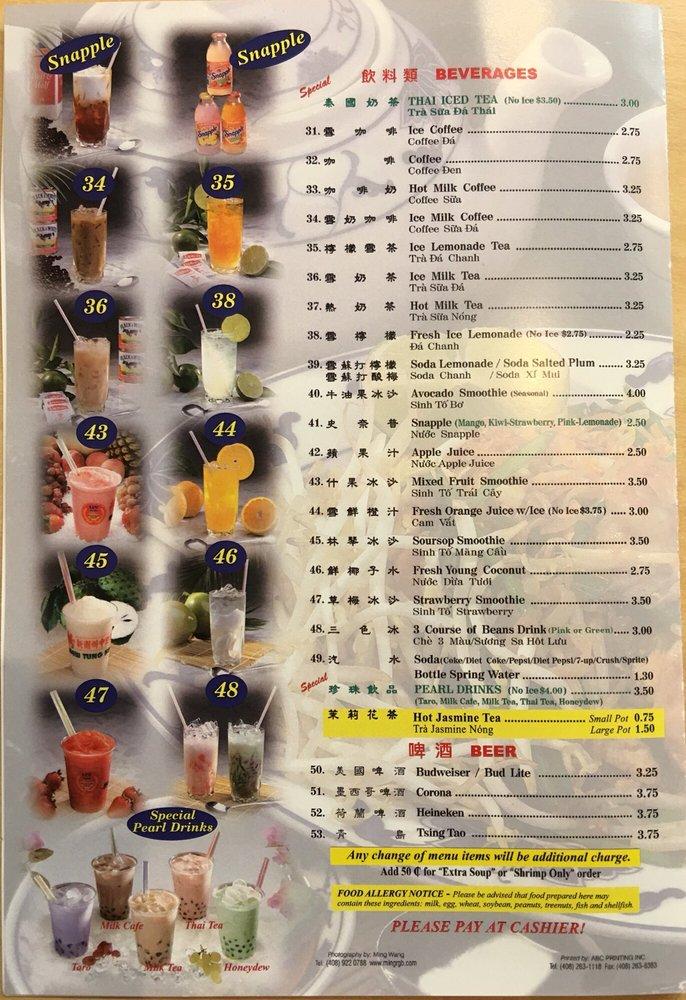Menu at New Tung Kee Noodle restaurant, San Jose