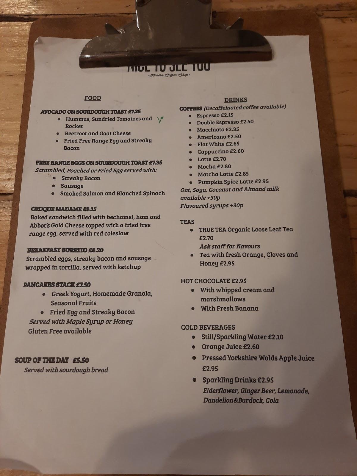 Menu at Nice To See You cafe, York
