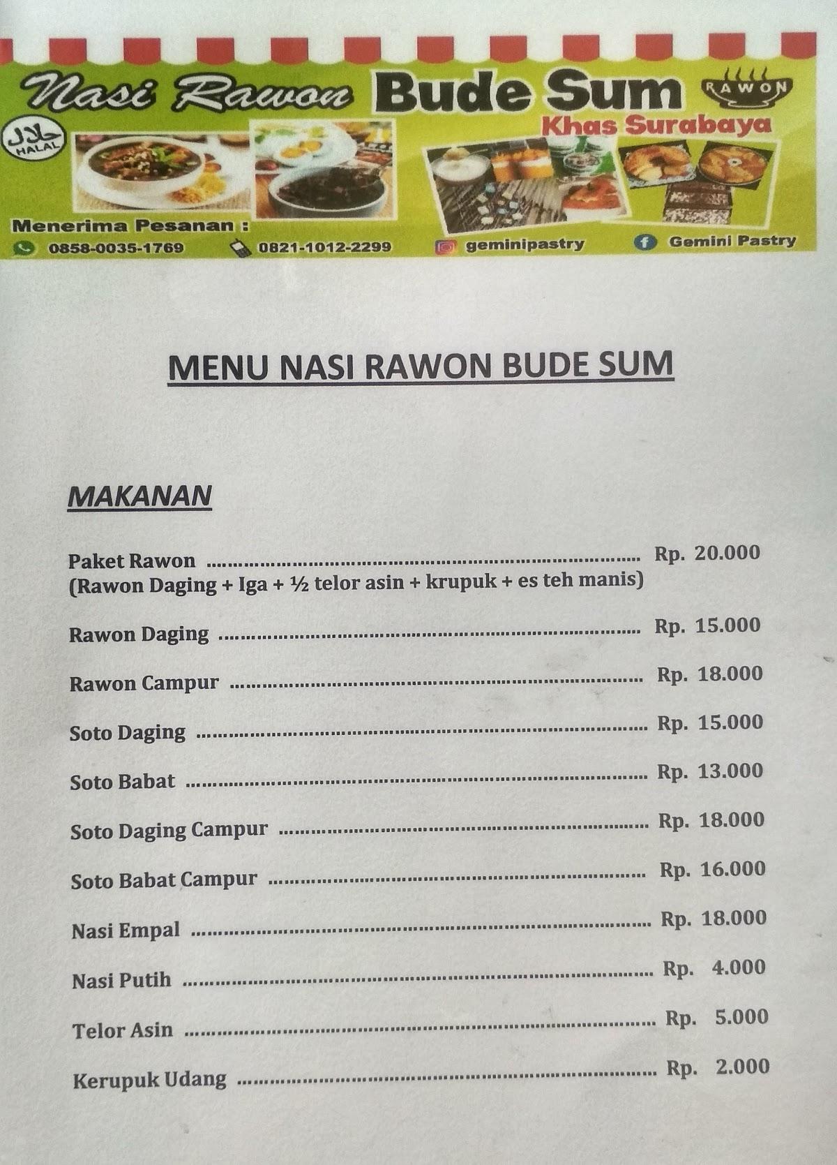 Menu at Rawon Bude Sum restaurant, North Jakarta