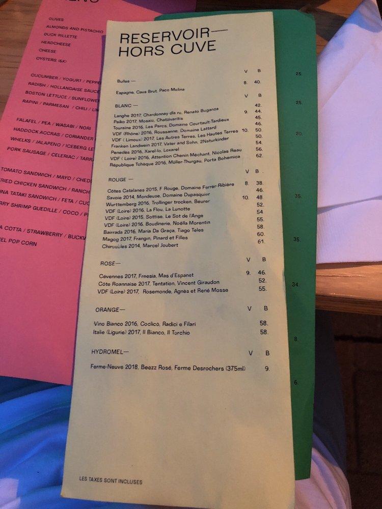 Menu at Reservoir pub & bar, Montréal