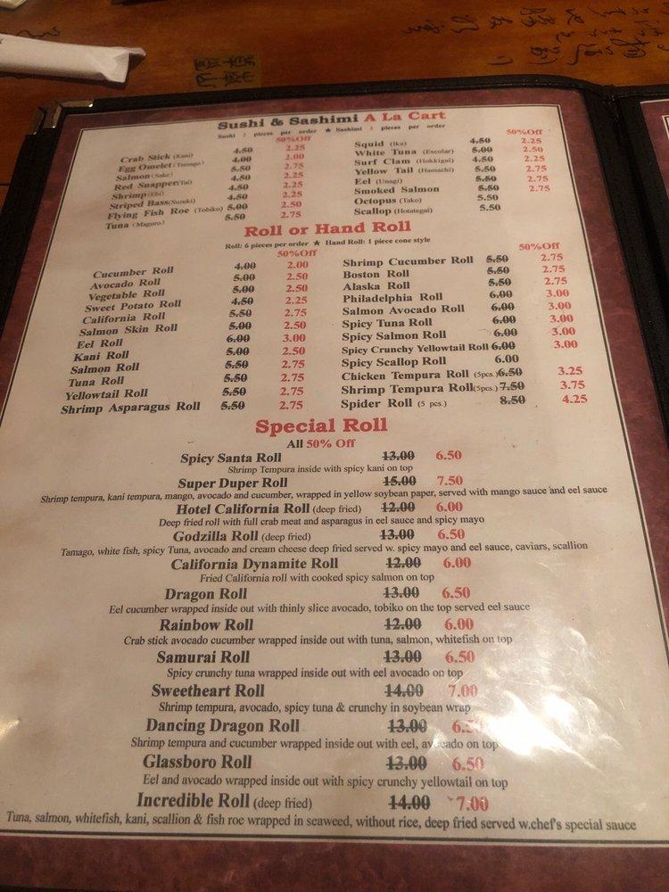 Menu at Samurai Japanese Hibachi restaurant, Glassboro