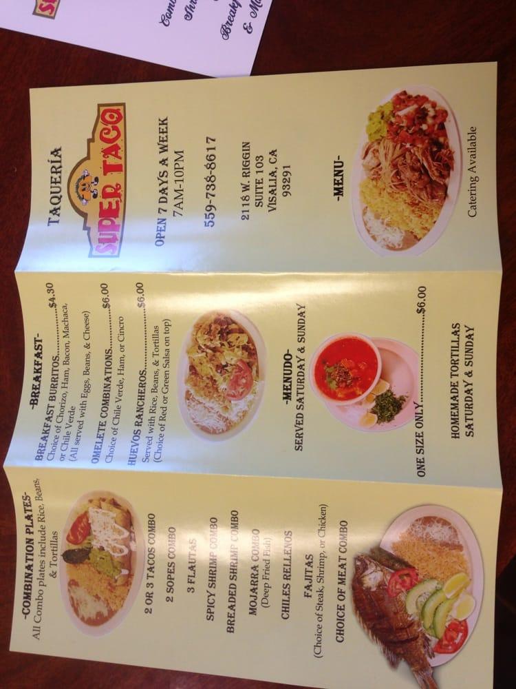 Menu at Super Taco restaurant, Visalia